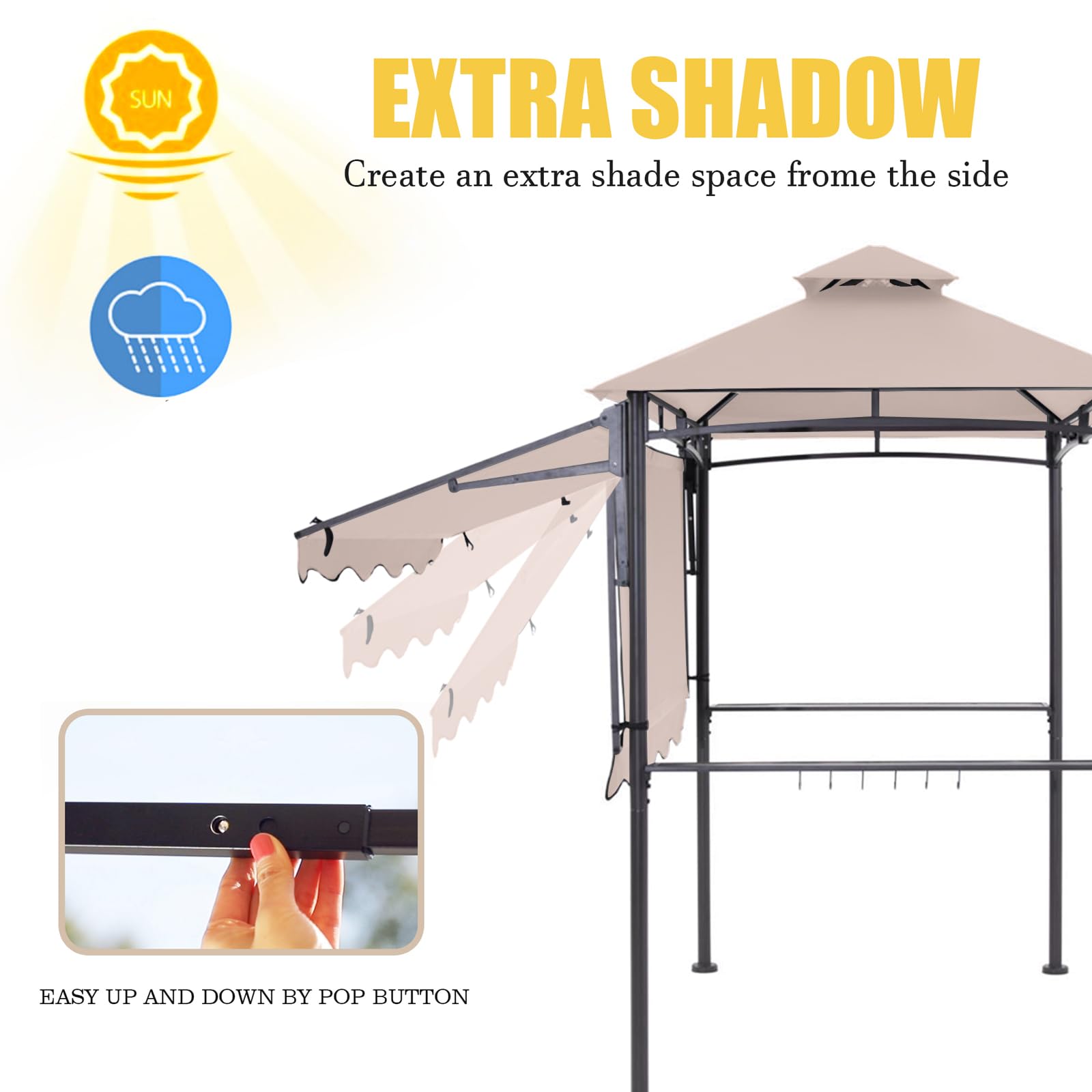 CHARMELEON Double Tiered Grill Gazebo 5x8, Outdoor BBQ Patio Canopy Tent with Stretchable Side Awning (Beige)