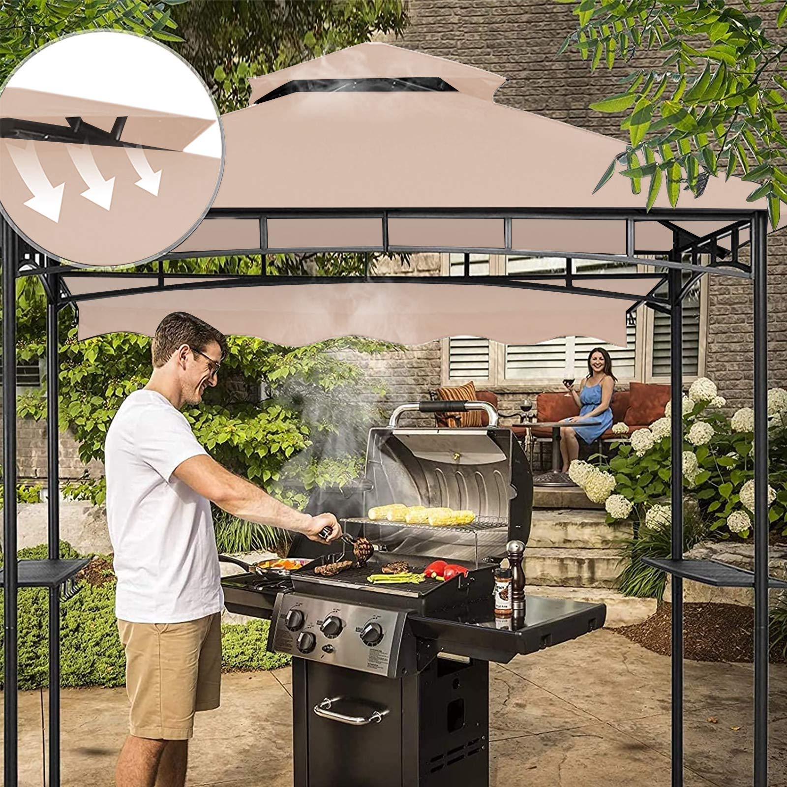CHARMELEON Double Tiered Grill Gazebo 5x8, Outdoor BBQ Patio Canopy Tent with Stretchable Side Awning (Beige)