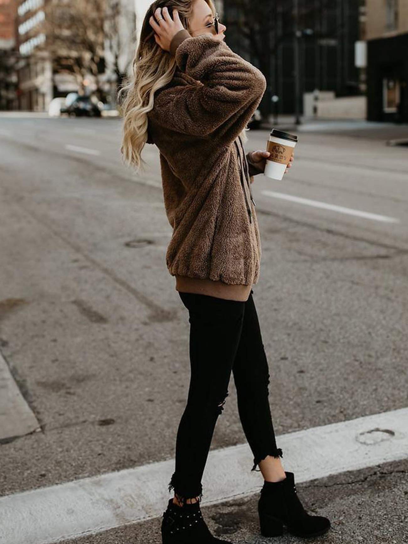 American Trends Oversized Sweatshirts for Women Athletic Womens Sherpa Hoodie Fluffy Women's Hoodies Pullover with Pockets Burgundy X-Large