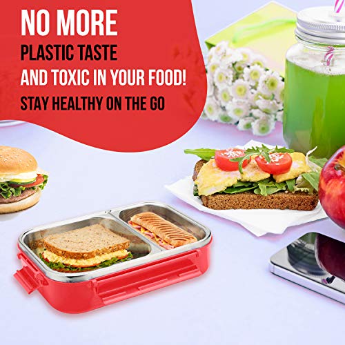 Signoraware Stainless Steel Bento Lunch Box | 20-Ounce Eco Friendly Portion Control Lunchbox Containers | 2-Compartment Metal Food Pail With Cover That Prevents Leaks & Spills (Red)