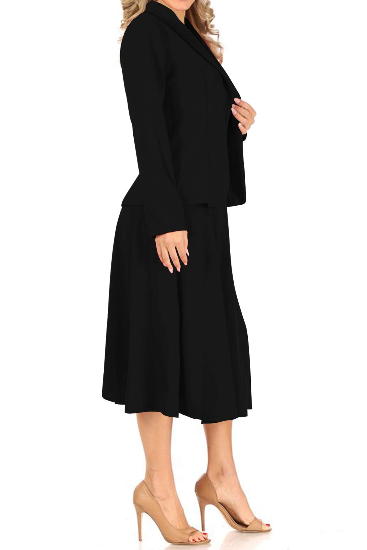 Two Piece Solid Long Sleeve Casual Blazer Relaxed A-Line Midi Skirt Black M