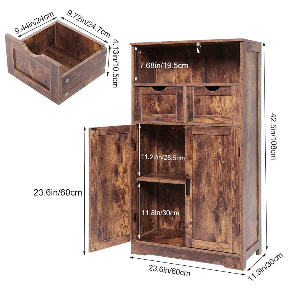 Iwell Mid Century TV Stand & Large Storage Cabinet with 2 Drawers & 2 Shelf Set, Sideboard Cupboard with Double Door, Boho Cocktail Table for Living Room, Bedroom, Kitchen, Home Office, Rustic