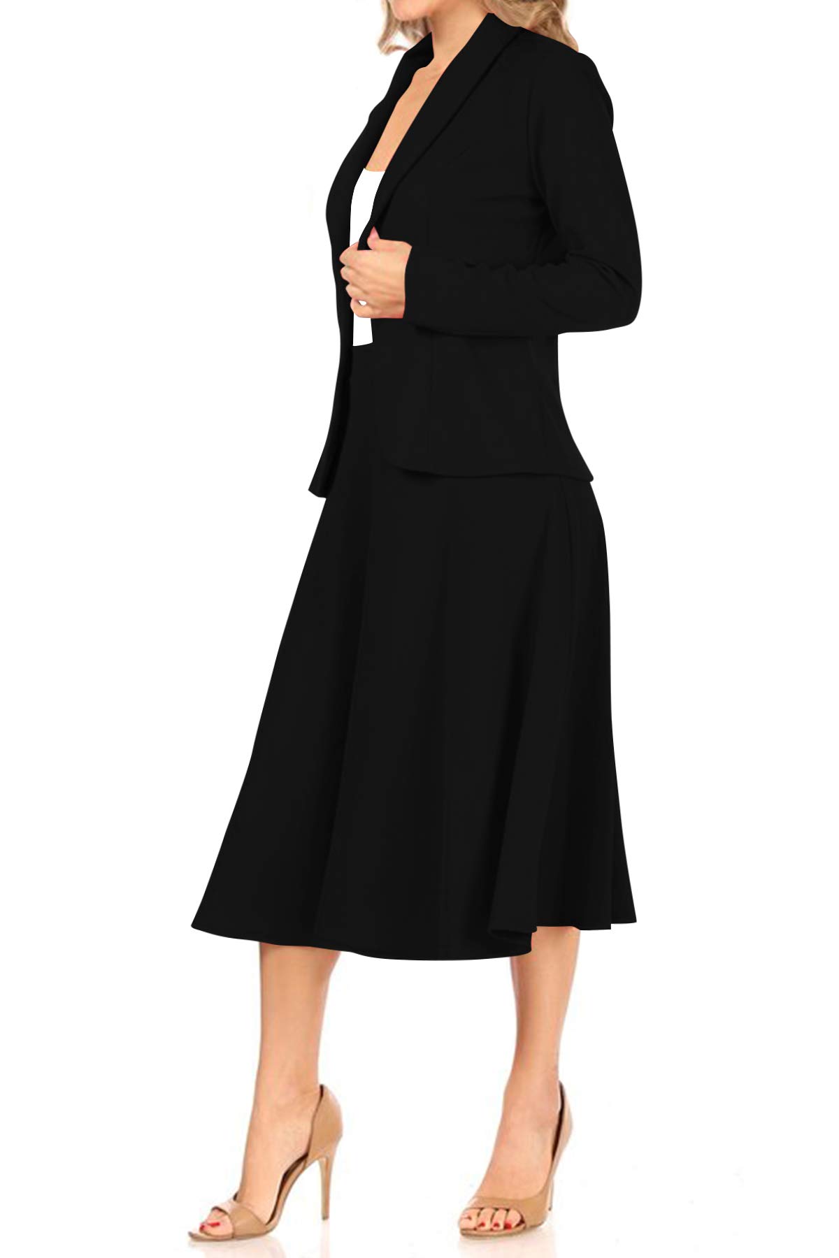 Two Piece Solid Long Sleeve Casual Blazer Relaxed A-Line Midi Skirt Black M