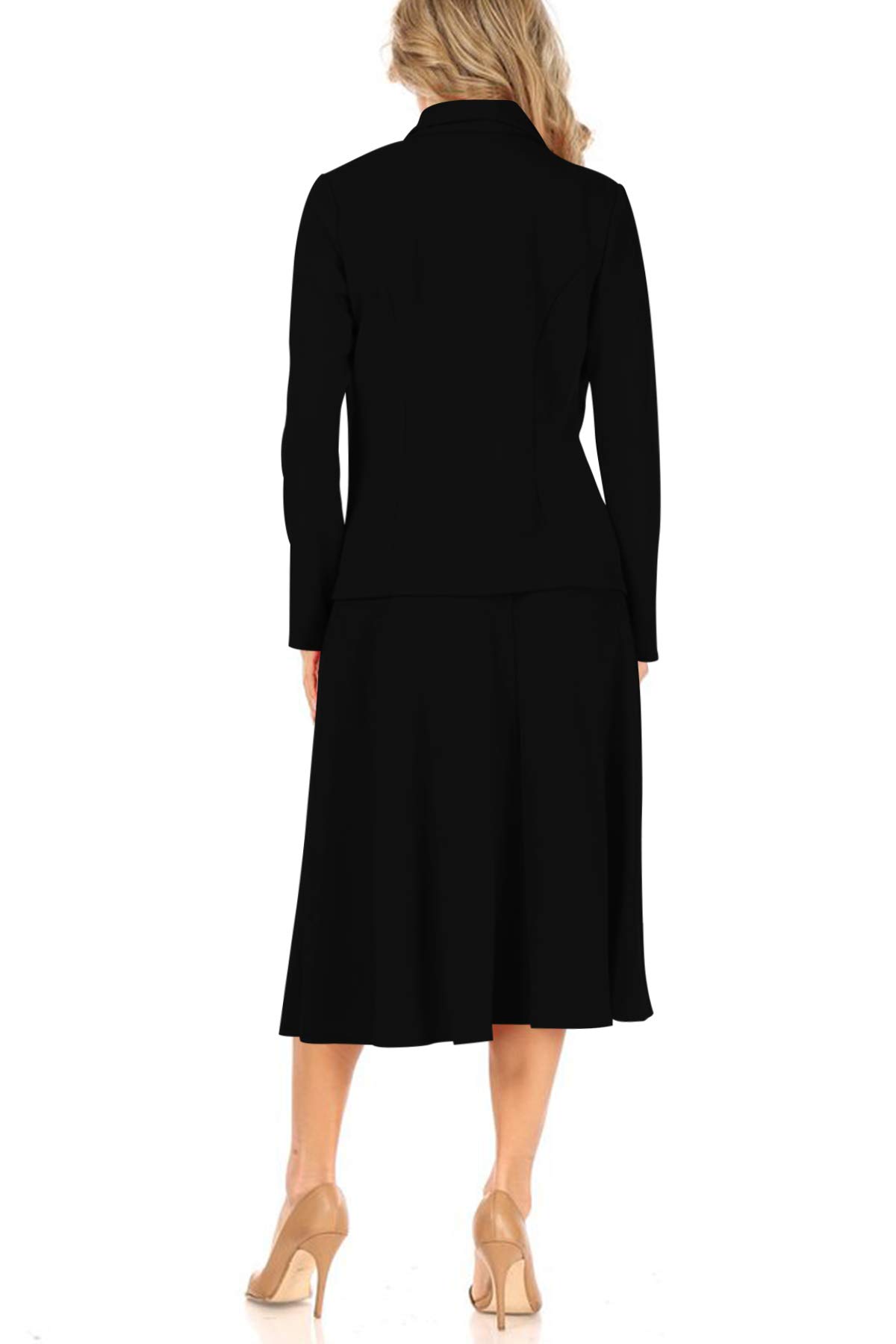 Two Piece Solid Long Sleeve Casual Blazer Relaxed A-Line Midi Skirt Black M
