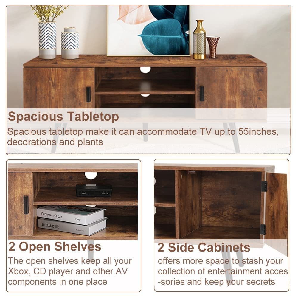 Iwell Mid Century TV Stand & Large Storage Cabinet with 2 Drawers & 2 Shelf Set, Sideboard Cupboard with Double Door, Boho Cocktail Table for Living Room, Bedroom, Kitchen, Home Office, Rustic