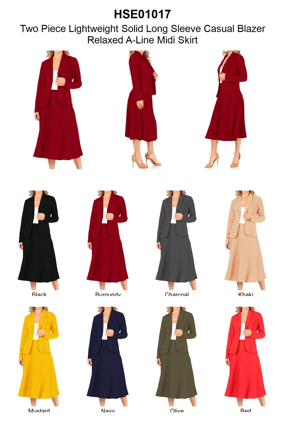 Two Piece Solid Long Sleeve Casual Blazer Relaxed A-Line Midi Skirt Black M