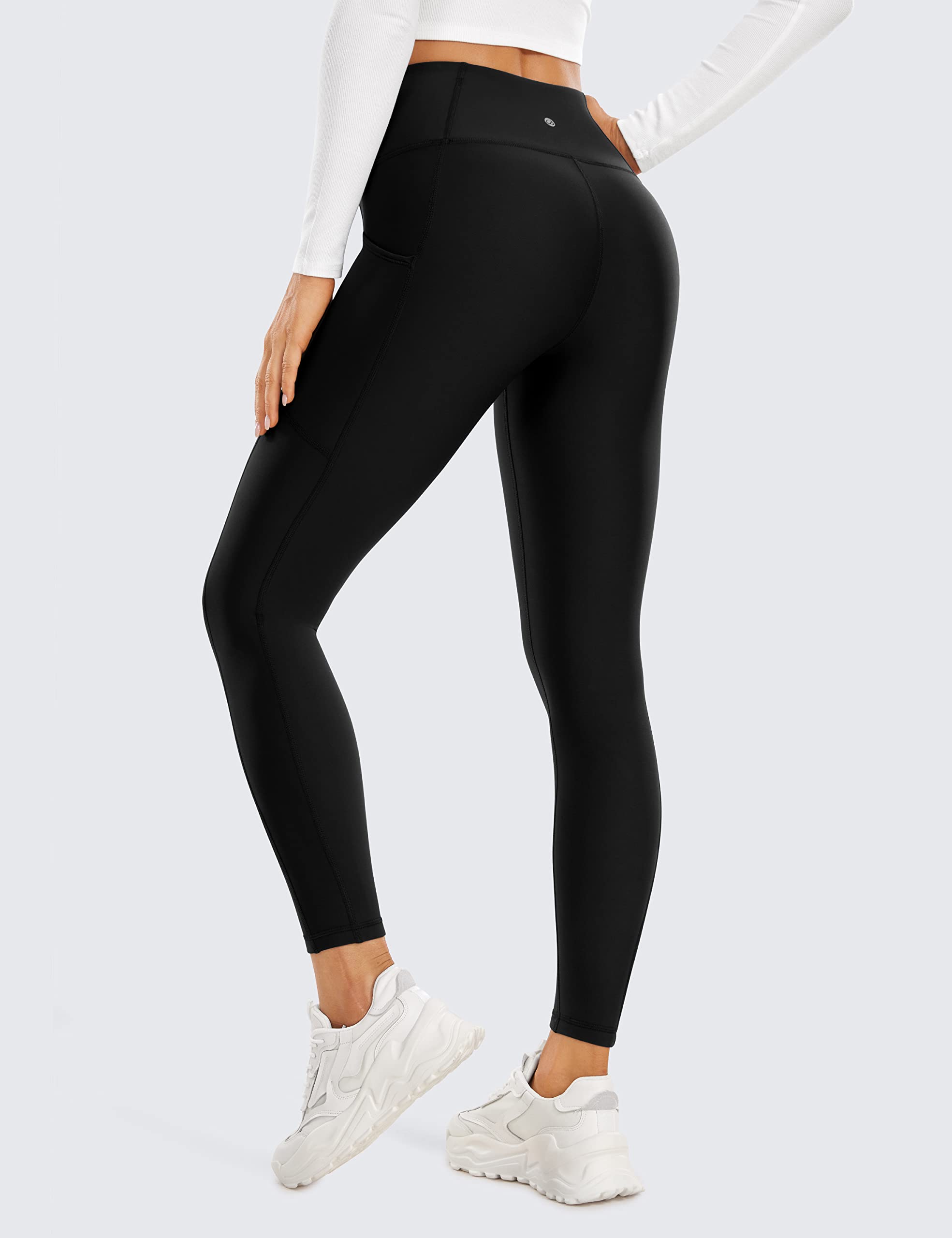 CRZ YOGA Thermal Fleece Lined Leggings Women 25'' - High Waisted Winter Workout Hiking Pants with Pockets Warm Running Tights Black Medium