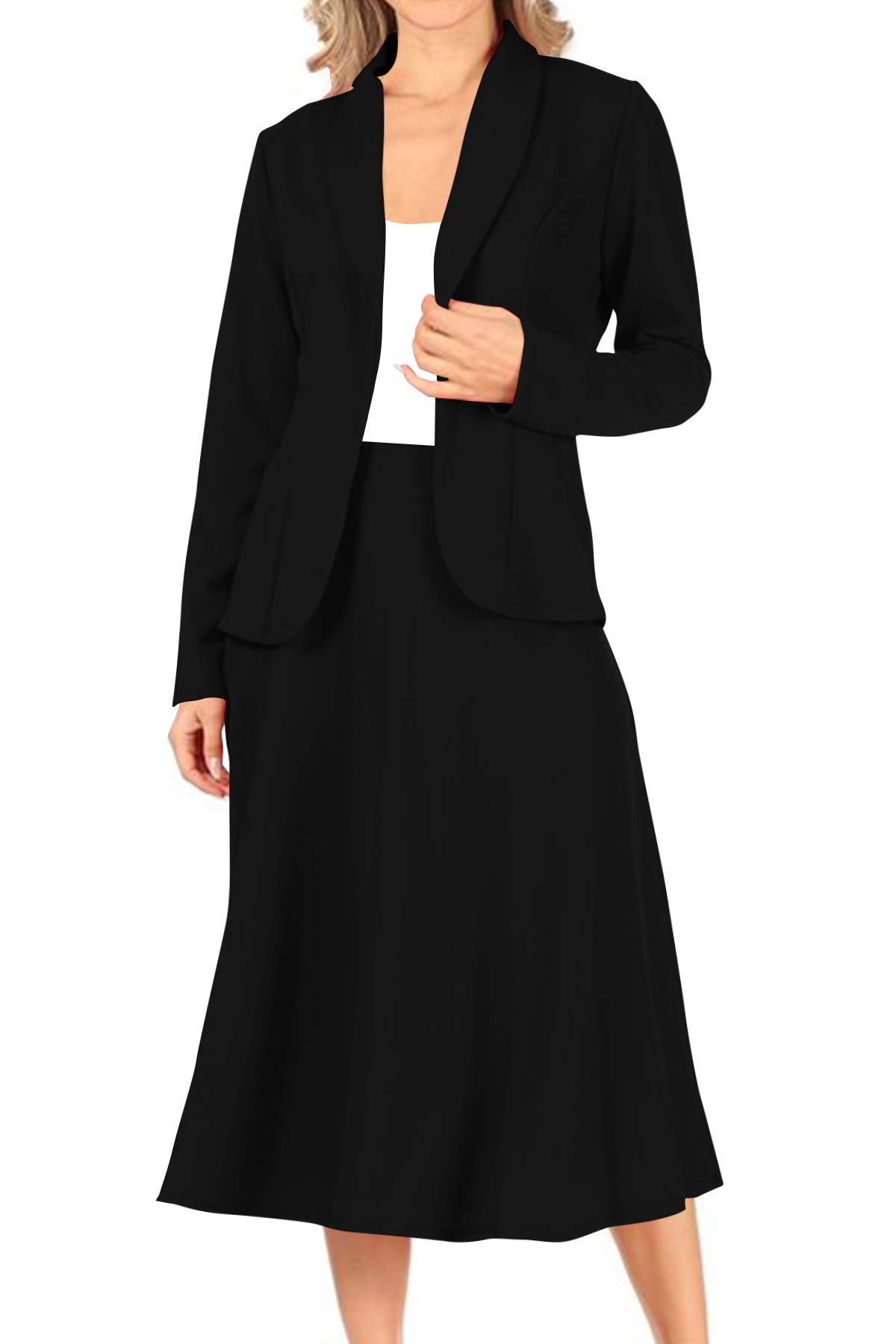 Two Piece Solid Long Sleeve Casual Blazer Relaxed A-Line Midi Skirt Black M