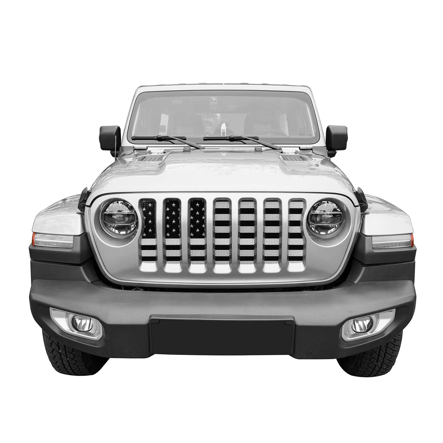 V8 GOD for Jeep Grill Insert Mesh Grille Deflector US Flag for Jeep Wrangler JL & Jeep Gladiator JT 2018-2025 - Black and White