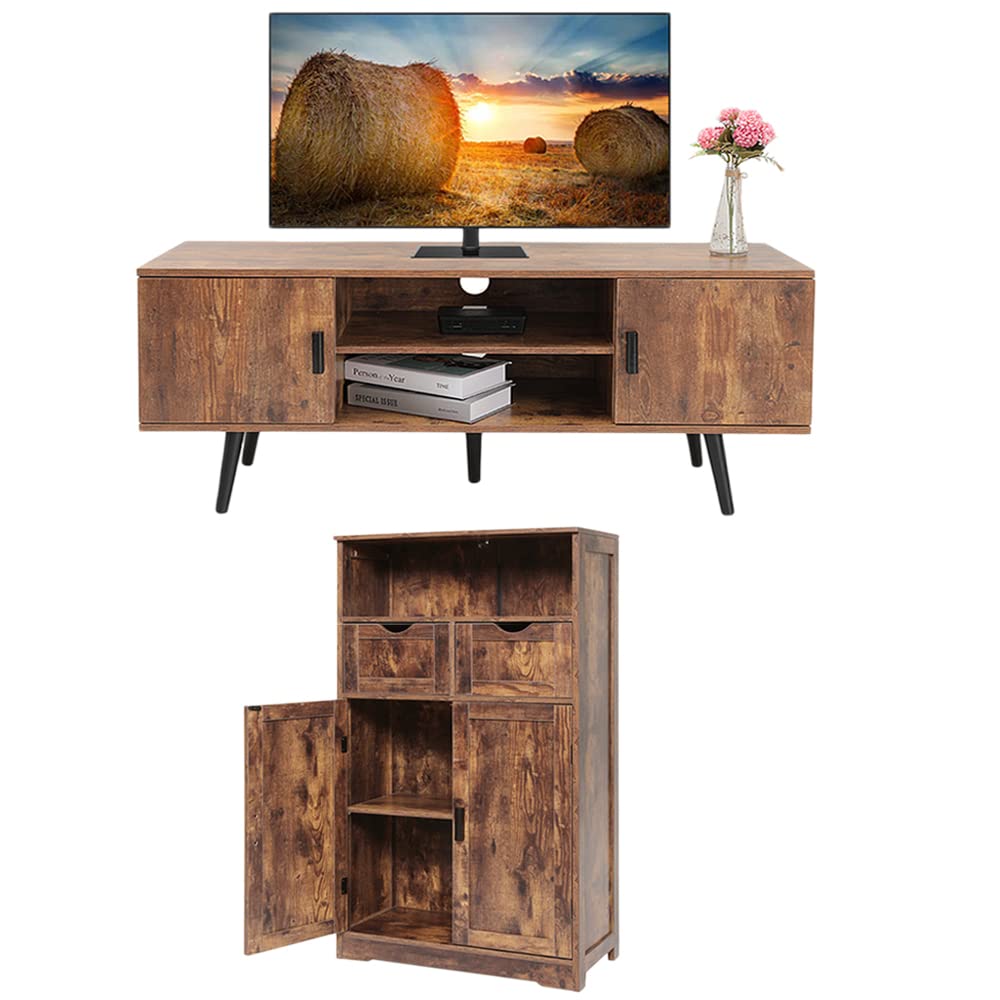 Iwell Mid Century TV Stand & Large Storage Cabinet with 2 Drawers & 2 Shelf Set, Sideboard Cupboard with Double Door, Boho Cocktail Table for Living Room, Bedroom, Kitchen, Home Office, Rustic