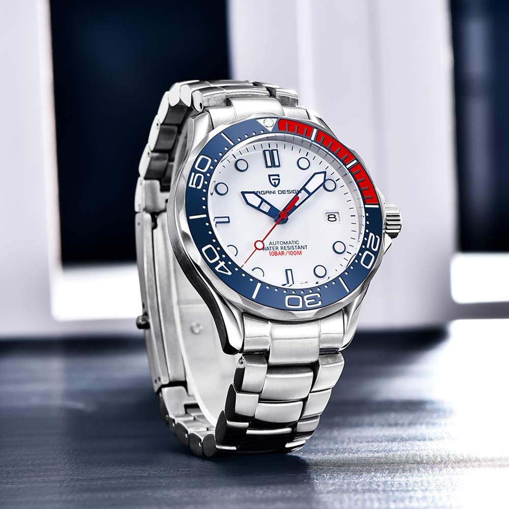 Pagani Design 007-Model Automatic Diving Watches for Men NH35 Movement, Stainless Steel Materials, Rotating Ceramic Bezel, Sapphire Domed Mirror, 100M Waterproof Mechancial Self Winding Wrist Watch