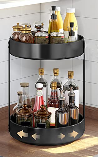 Fineget Spinning Large Metal Spice Rack Organizer for Cabinet Kitchen Lazy Susan Rotating Turntable Tiered Countertop Vertical Storage Rack Self Black (2Tier + Single Layer, 2Sets)
