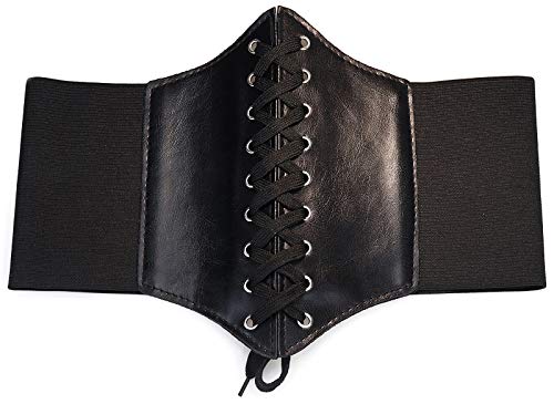 BAOKELAN Corset Belt for Women Wide Elastic Belts for Dresses Lace-up Tied Leather Waist Belts 85cm Black