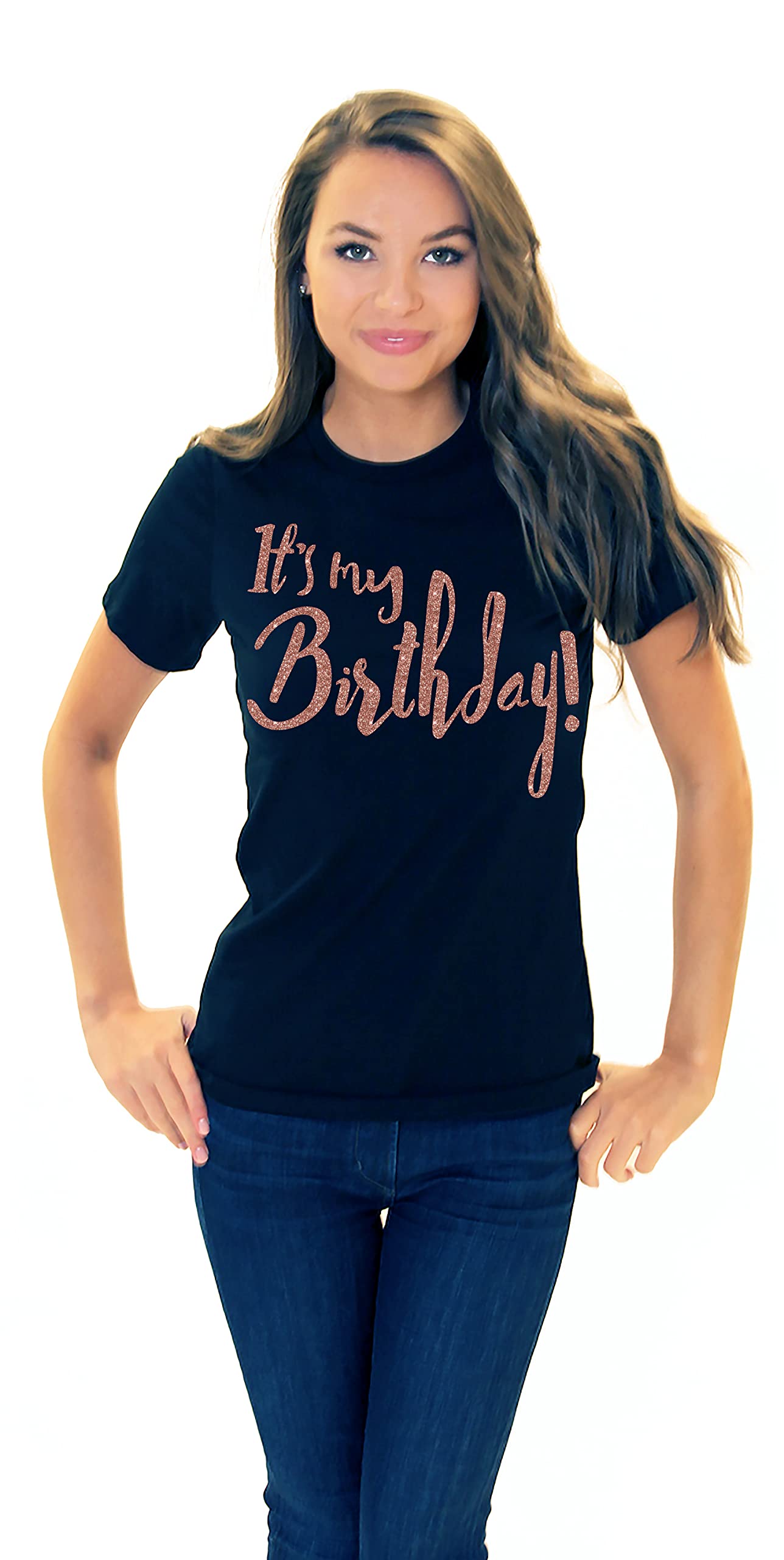 Birthday Shirt for Women - Rose Gold Modern Its My Birthday T-Shirt - Large - Black Tee(Md ItMyBdy RG) Blk/Lrg