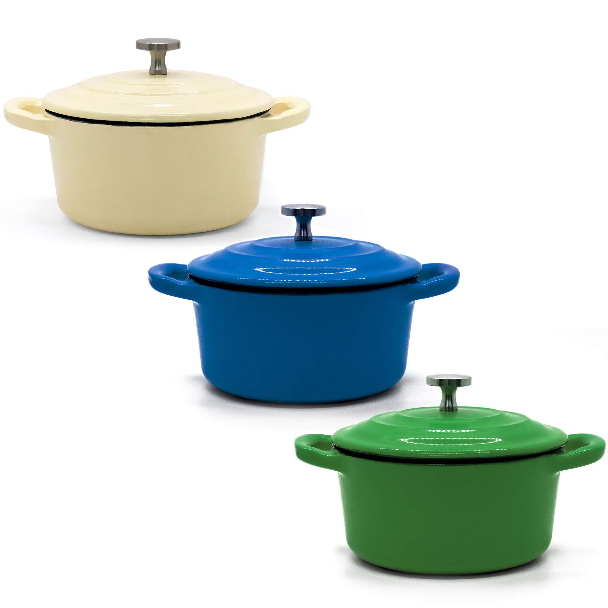 RJ Legend Mini Dutch Oven Pot Set of 3 - Enamel Surface, Non-Stick Cast Iron Cookware - Ideal Gift for Your Friends & Family - Blue, Green, White