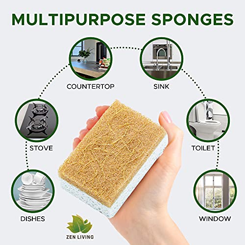Zen Living Natural Sponge - Eco-Friendly Scrub Sponges for Kitchen - Non Scratch Odor Free Biodegradable Plant Based Scrubber Pads for Cleaning Dishes - Best Wooden Pulp Sponge (Brown-White, 12 Pack)