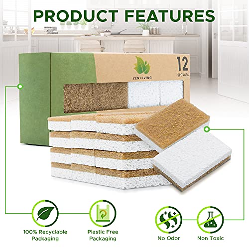 Zen Living Natural Sponge - Eco-Friendly Scrub Sponges for Kitchen - Non Scratch Odor Free Biodegradable Plant Based Scrubber Pads for Cleaning Dishes - Best Wooden Pulp Sponge (Brown-White, 12 Pack)