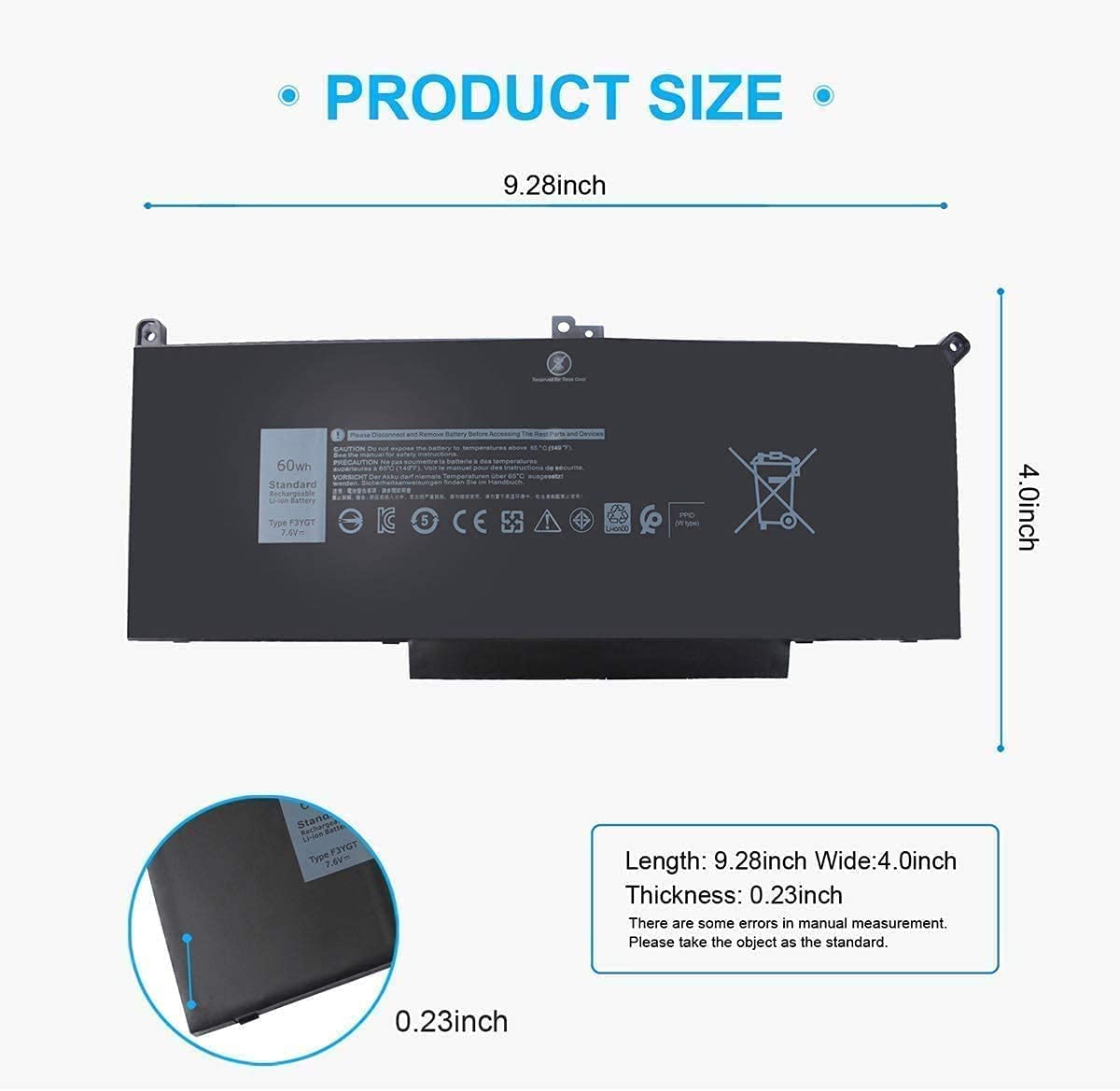 60Wh F3YGT Laptop Battery for Dell Latitude 12 7000 7280 7290, 13 7000 7380 7390 P29S002,14 7000 7480 7490 P73G002 Series,DM3WC 2X39G KG7VF 451-BBYE 453-BBCF DM6WC E7480 E7280 E7490 E7390 E7290 E7380