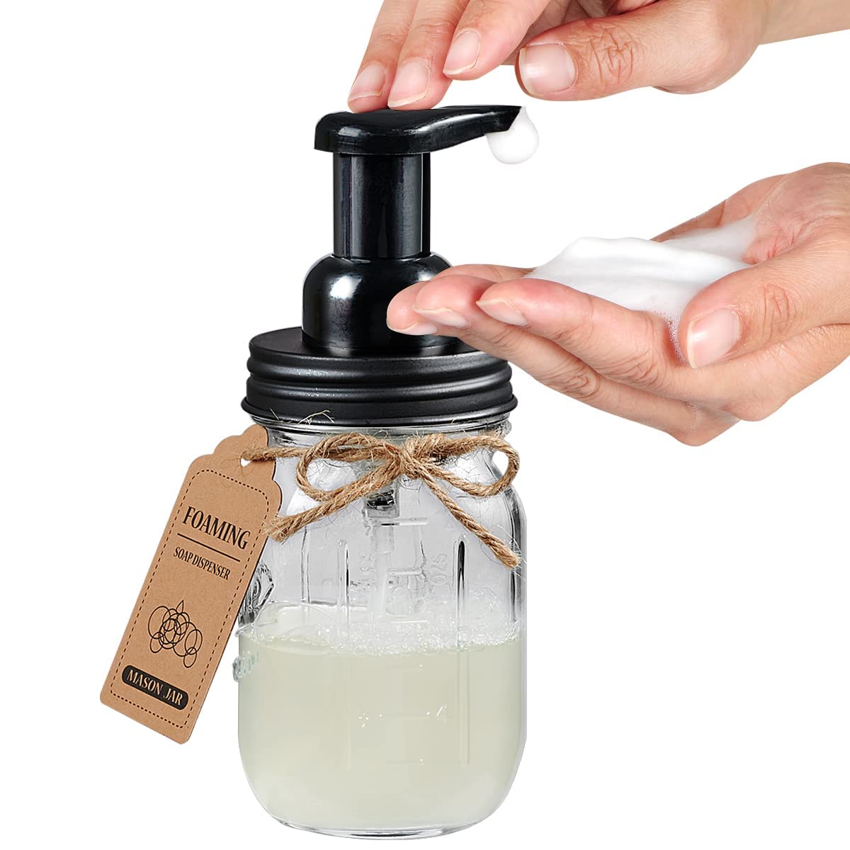 Amolliar Mason Jar Bathroom Accessories Set 4 Pack - Foaming Soap Dispenser&2 Qtip Holders&Toothbrush Holder-Rustic Farmhouse Decor Bathroom Organizer Apothecary Jar Country Countertop (Black)