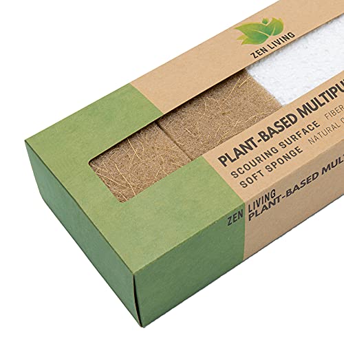 Zen Living Natural Sponge - Eco-Friendly Scrub Sponges for Kitchen - Non Scratch Odor Free Biodegradable Plant Based Scrubber Pads for Cleaning Dishes - Best Wooden Pulp Sponge (Brown-White, 12 Pack)