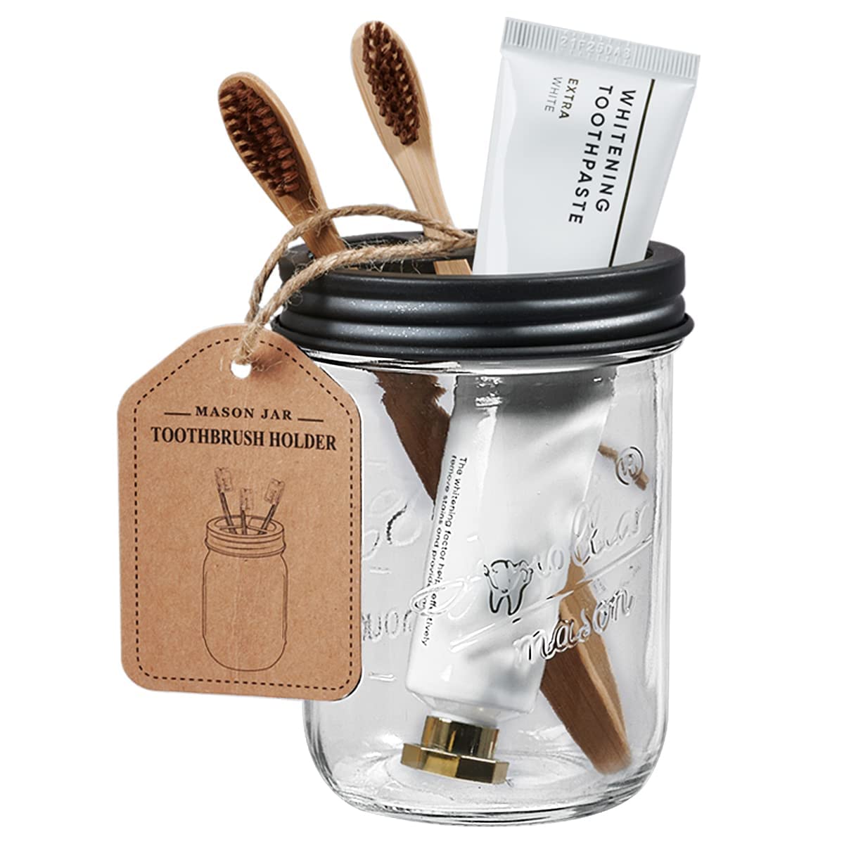 Amolliar Mason Jar Bathroom Accessories Set 4 Pack - Foaming Soap Dispenser&2 Qtip Holders&Toothbrush Holder-Rustic Farmhouse Decor Bathroom Organizer Apothecary Jar Country Countertop (Black)