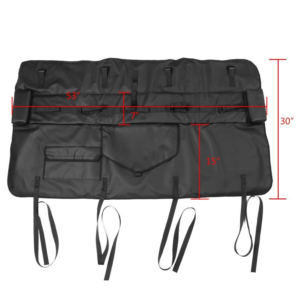 IKON MOTORSPORTS Tailgate Pad, Compatible With Most Trucks 53Inches Width Pickup, Black PVC Tailgate Pad w/ 5-Bike Straps & 1 Tool Bag