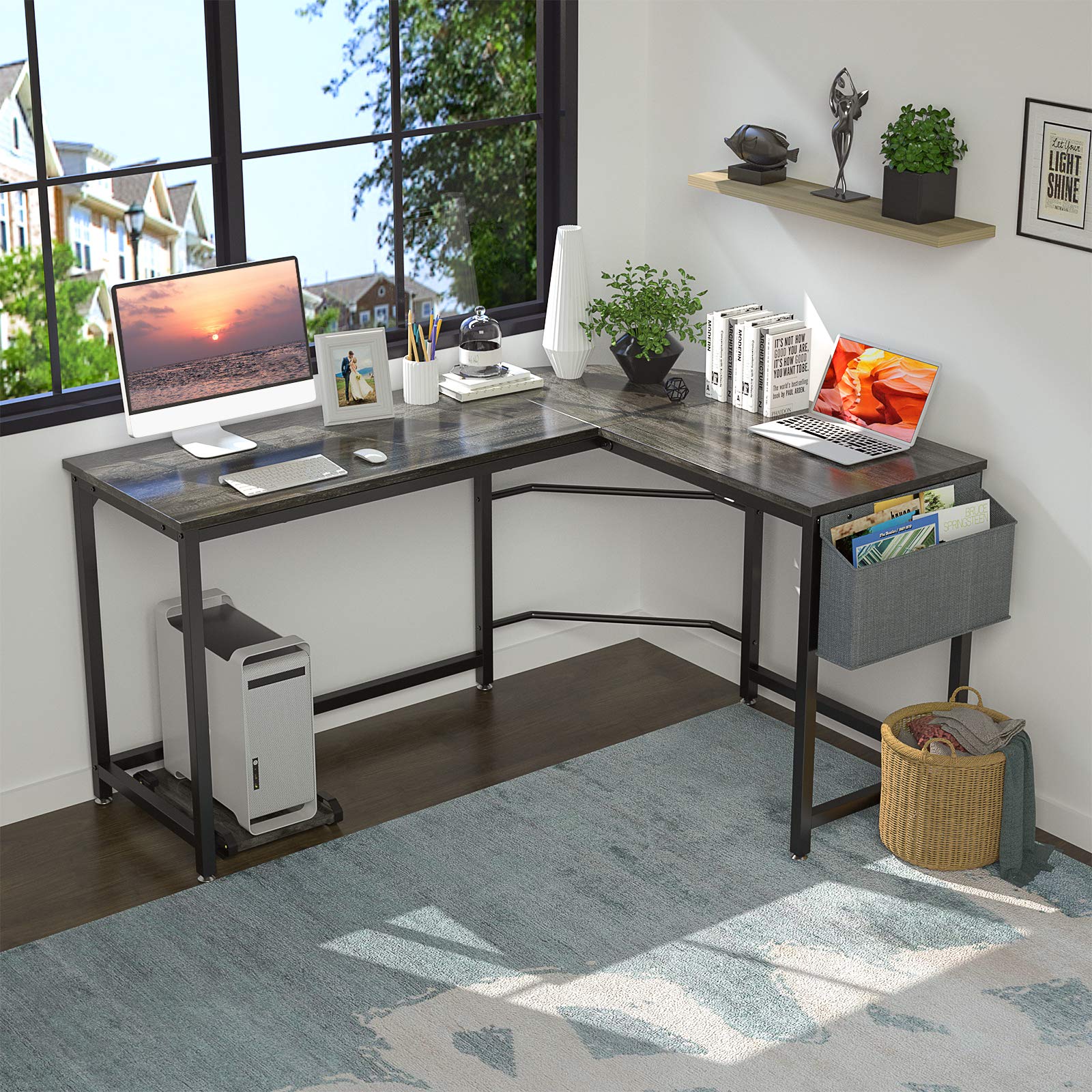 Homfio L Shaped Desk 58’’Computer Corner Desk Gaming Desk PC Table Writing Desk Large L Study Desk Home Office Workstation Modern Simple Multi-Usage Desk with Storage Bag Space-Saving Table, Black Oak