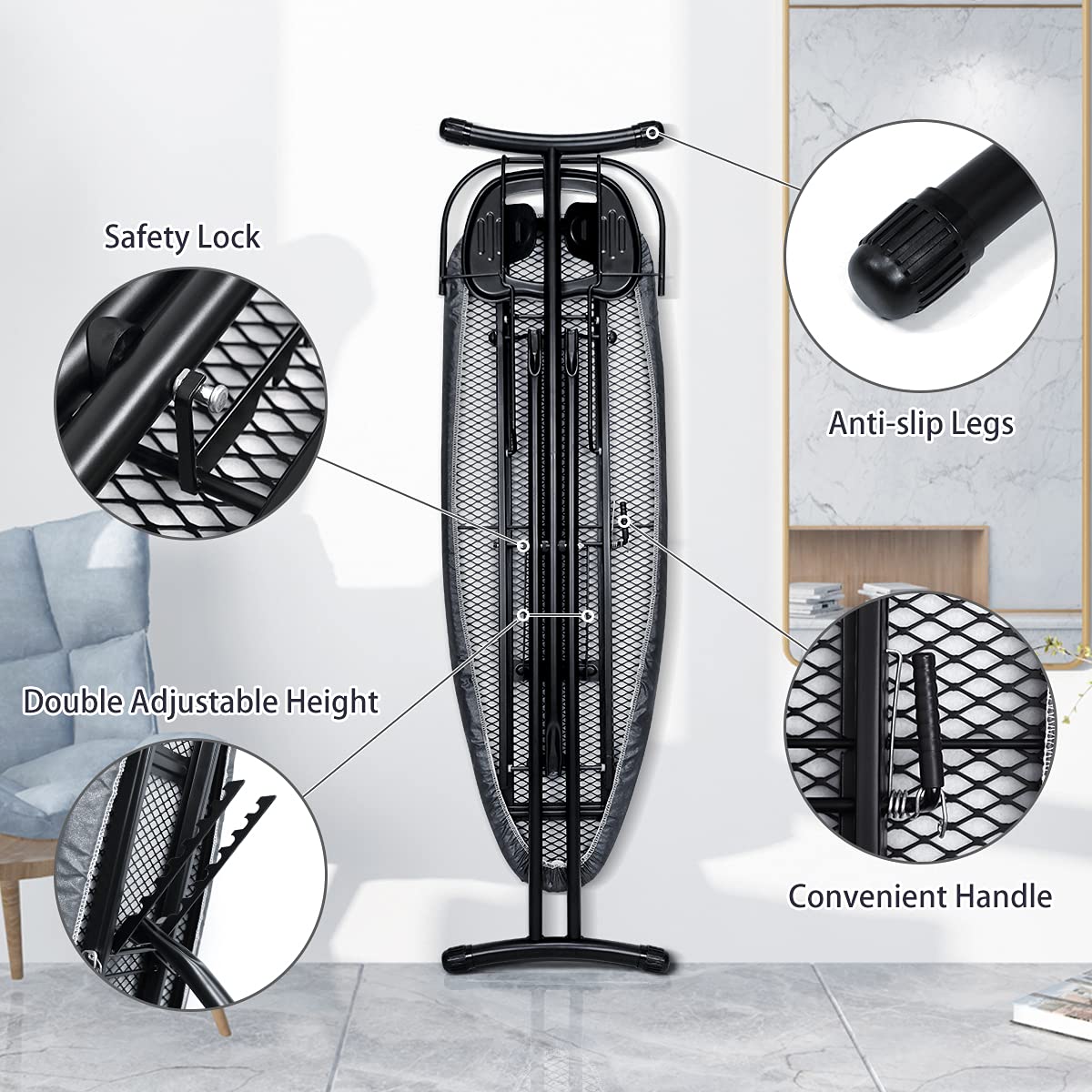 Duwee Ironing Board with Retractable and Adjustable Iron Rest, Steel Top Board with 10mm Thicken Felt Pad and Heat Resistant Cover, Heavy Duty Legs,14"x43"