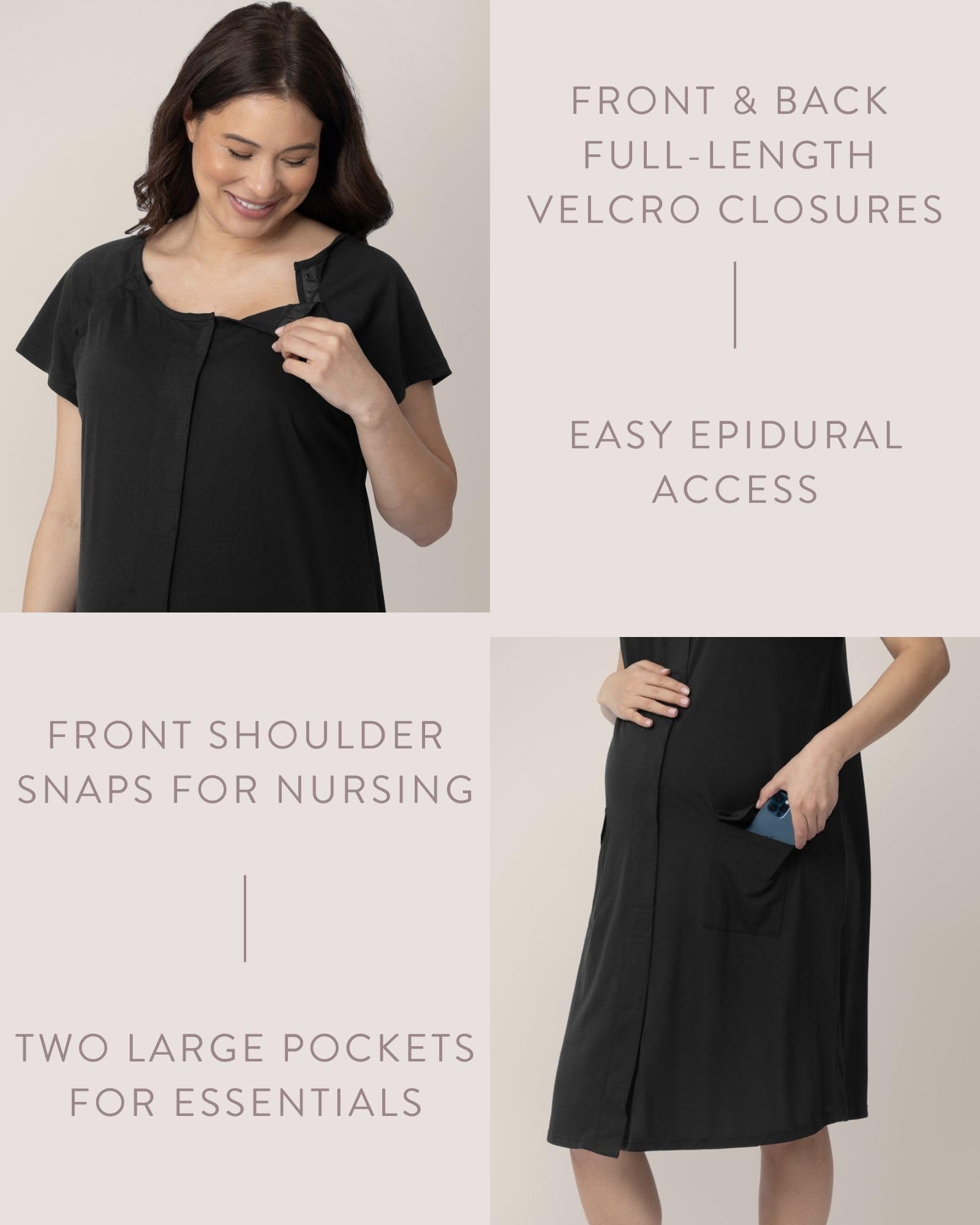 Kindred Bravely Labor and Delivery Gown | 3 In 1 Postpartum Nursing Hospital Gown (Black, S/M/L)