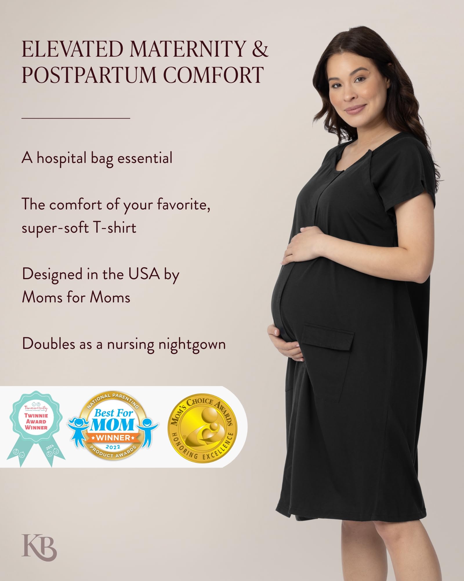 Kindred Bravely Labor and Delivery Gown | 3 In 1 Postpartum Nursing Hospital Gown (Black, S/M/L)
