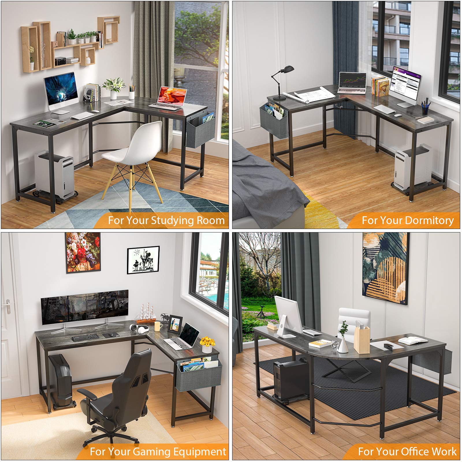 Homfio L Shaped Desk 58’’Computer Corner Desk Gaming Desk PC Table Writing Desk Large L Study Desk Home Office Workstation Modern Simple Multi-Usage Desk with Storage Bag Space-Saving Table, Black Oak