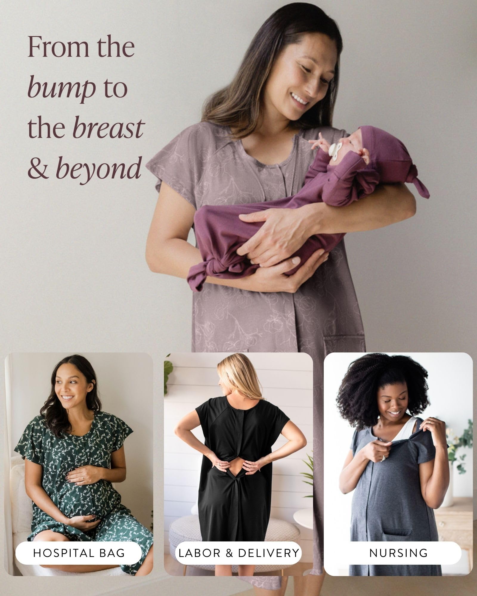 Kindred Bravely Labor and Delivery Gown | 3 In 1 Postpartum Nursing Hospital Gown (Black, S/M/L)