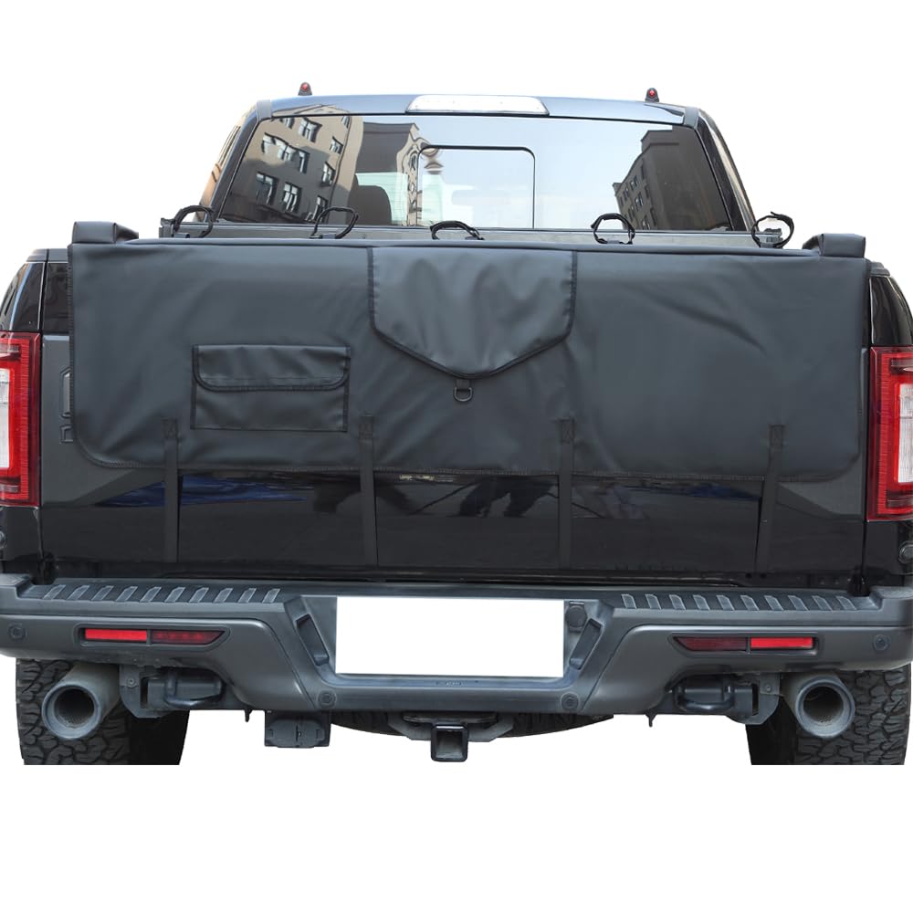 IKON MOTORSPORTS Tailgate Pad, Compatible With Most Trucks 53Inches Width Pickup, Black PVC Tailgate Pad w/ 5-Bike Straps & 1 Tool Bag