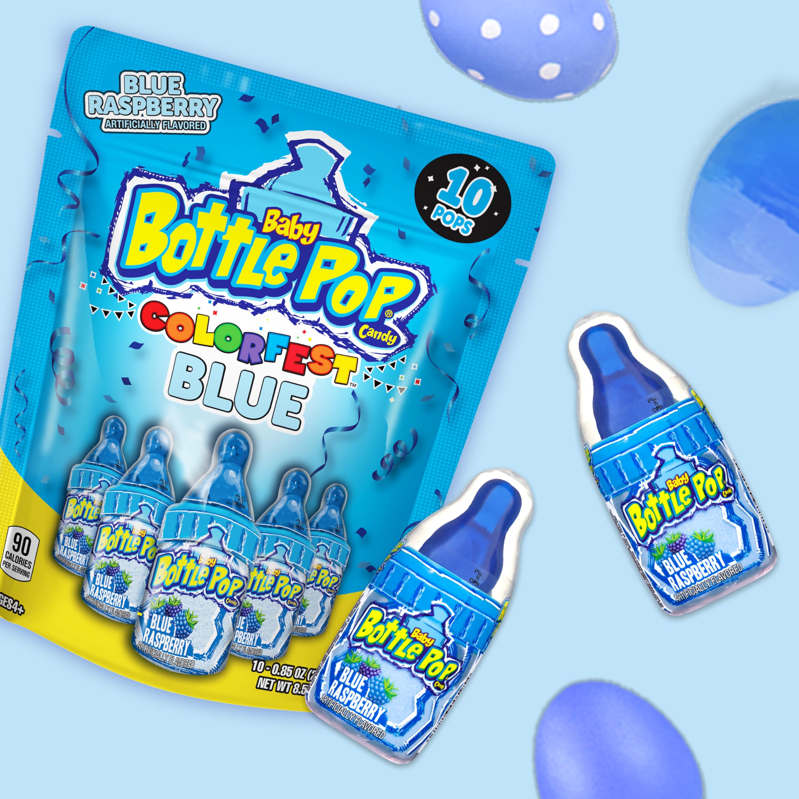 Baby Bottle Pop Easter Blue Candy Lollipops, 10 Ct Bulk Candy Lollipops with Powdered Sugar Dip in Blue Raspberry Flavor, Treats For Easter Basket Stuffers, Party Favors, Treats and Gifts for Kids