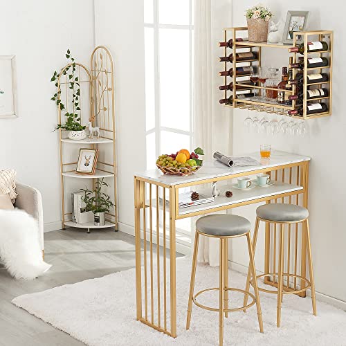 GOLASON Wall Mounted Wine Rack with Glass Holder, Metal Bottle Holder Wine Storage Display Shelf for Home Bar Dining Room Kitchen (31.5 Inch, Faux Marble)