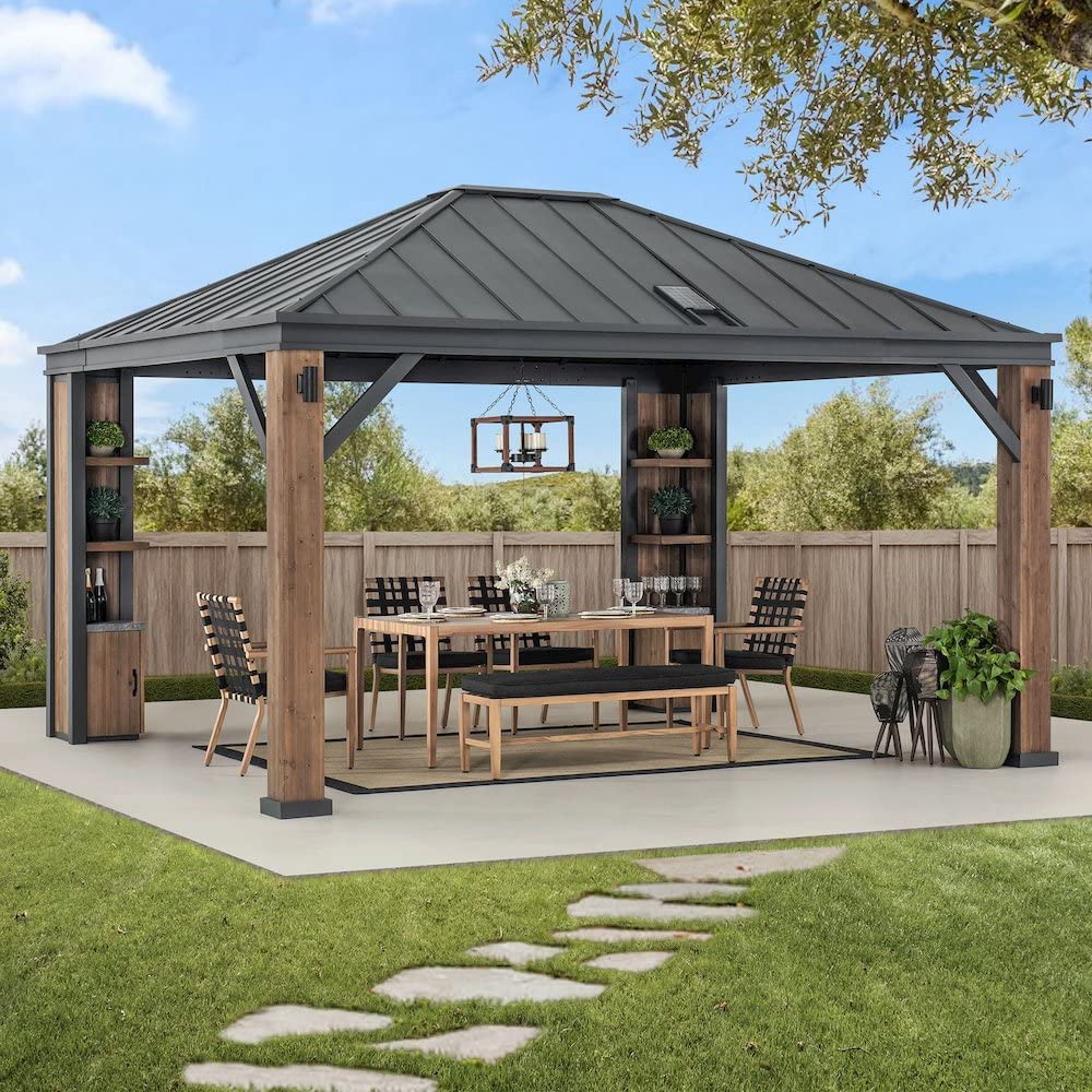 Sunjoy 12 x 14 ft. Hardtop Gazebo with Solar Powered, Cedar Wood Framed Steel Hardtop Gazebo with LED Lighting, Bluetooth Sound and Storage Racks by SummerCove