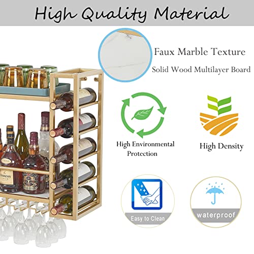 GOLASON Wall Mounted Wine Rack with Glass Holder, Metal Bottle Holder Wine Storage Display Shelf for Home Bar Dining Room Kitchen (31.5 Inch, Faux Marble)