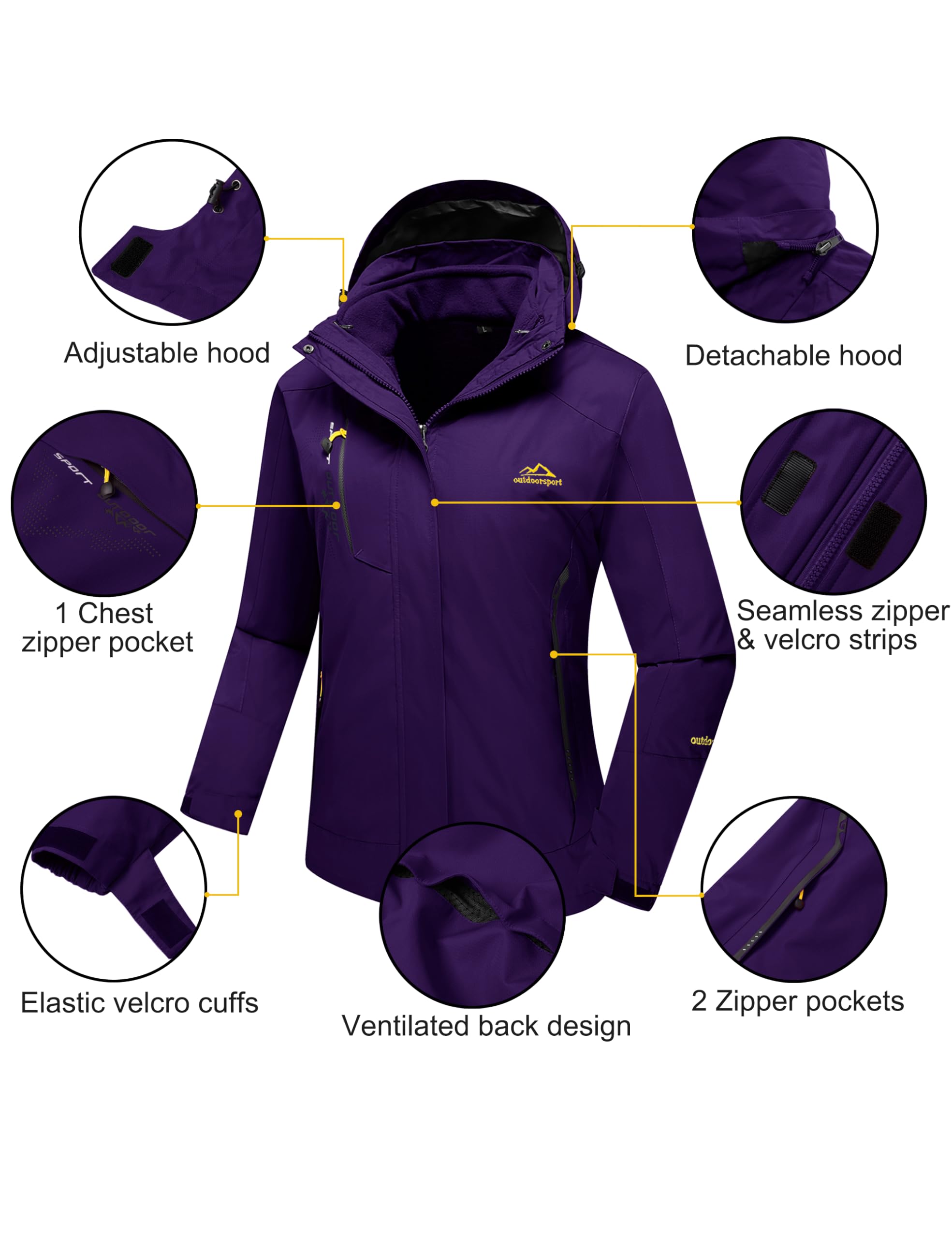 MAGCOMSEN Winter Coats for Women Winter Jacket Women Snowboard Jacket 3 In 1 Jacket Waterproof Insulated Skiing Jacket Dark Purple M