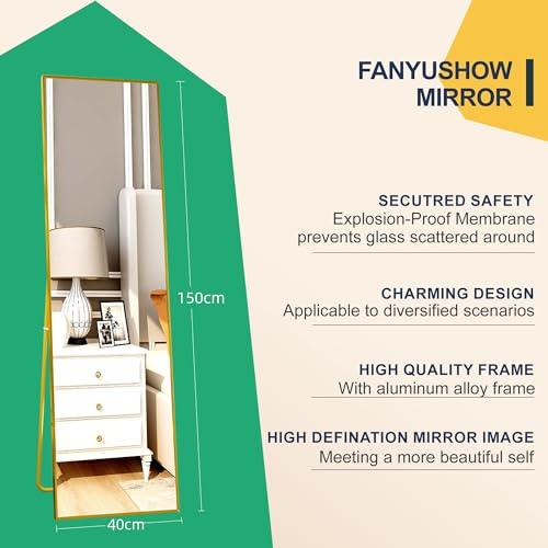 FANYUSHOW Full Length Mirror, Standing Hanging or Leaning Body Mirror, Simple Rectangle Design, Aluminum Alloy Thin Frame, Floor Mirror for Bedrooms, Bathrooms, Living Room (Gold)