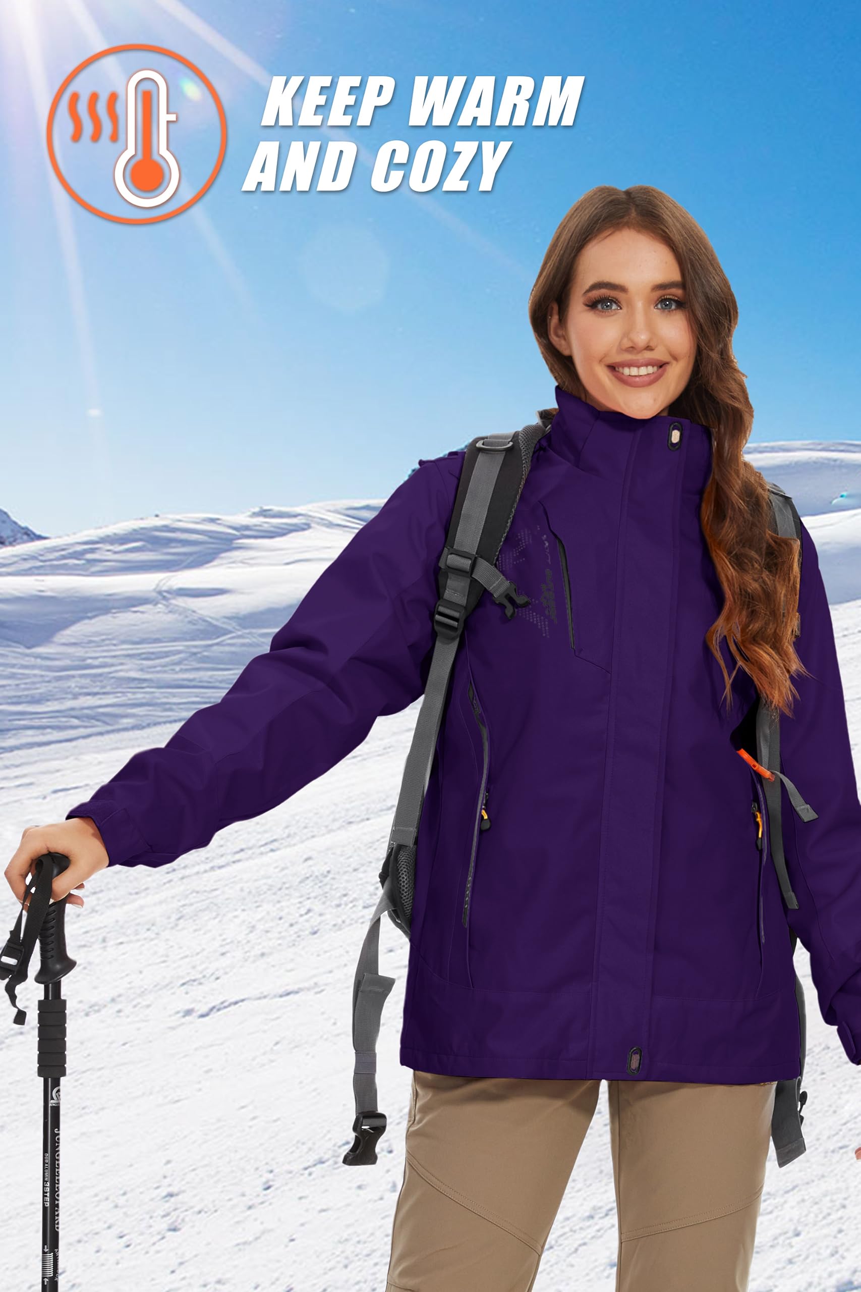 MAGCOMSEN Winter Coats for Women Winter Jacket Women Snowboard Jacket 3 In 1 Jacket Waterproof Insulated Skiing Jacket Dark Purple M