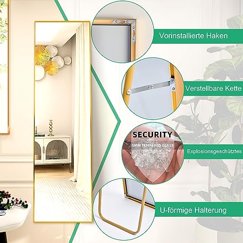 FANYUSHOW Full Length Mirror, Standing Hanging or Leaning Body Mirror, Simple Rectangle Design, Aluminum Alloy Thin Frame, Floor Mirror for Bedrooms, Bathrooms, Living Room (Gold)