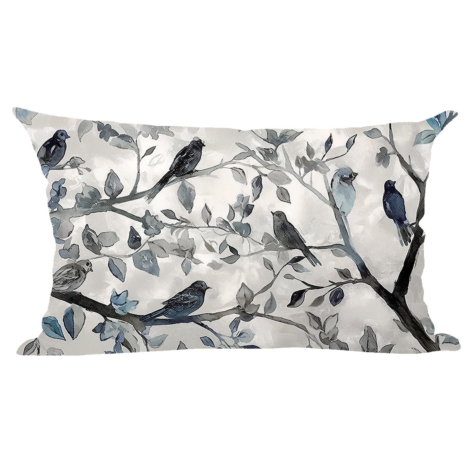 Ramirar Ink Painting Watercolor Blue Grey Lovely Birds Tree Leaves Decorative Lumbar Throw Pillow Cover Case Home Living Room Bed Sofa Car Cotton Linen Rectangular 12 x 20 Inches