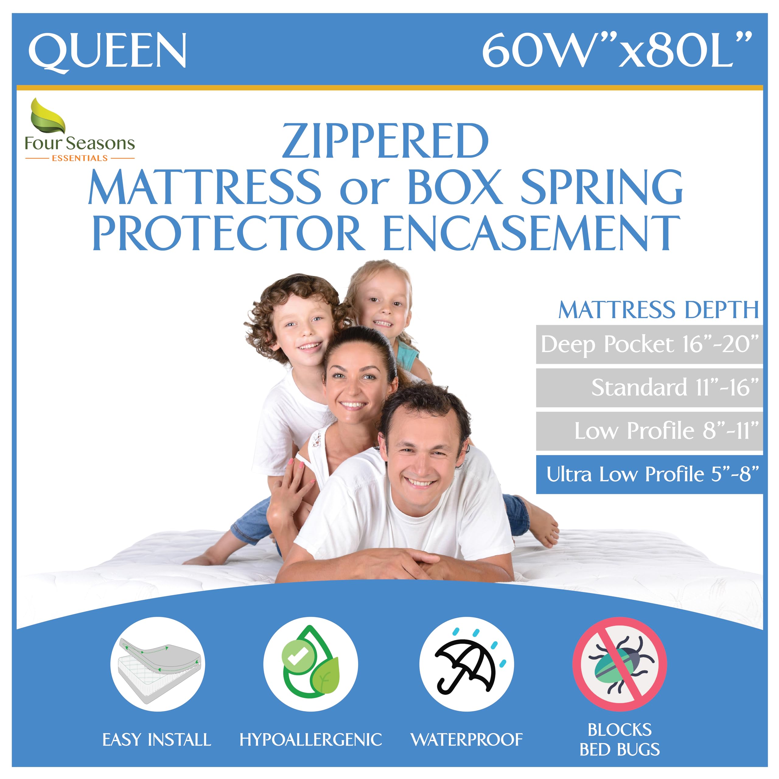 Queen Size Mattress or Box Spring Encasement (5" to 8" Depth) - Low Profile Waterproof Zippered Protector Hypoallergenic Premium Bed Cover Protects from Dust Allergens