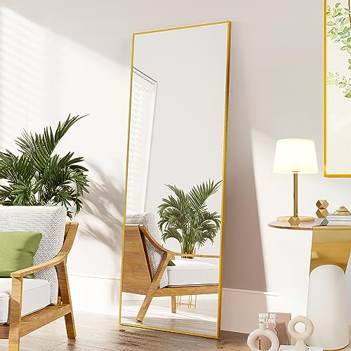 FANYUSHOW Full Length Mirror, Standing Hanging or Leaning Body Mirror, Simple Rectangle Design, Aluminum Alloy Thin Frame, Floor Mirror for Bedrooms, Bathrooms, Living Room (Gold)