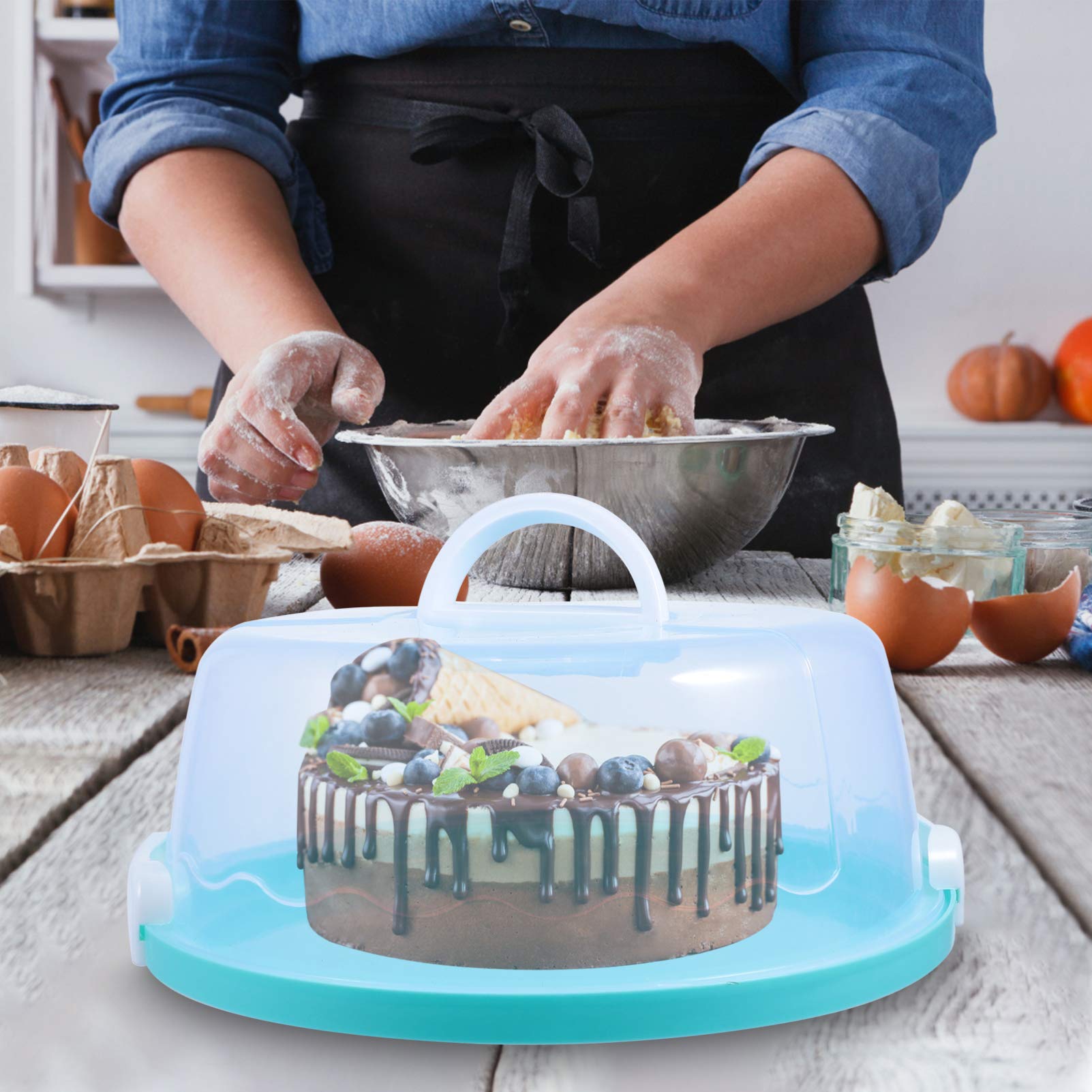 DOITOOL Plastic Portable Cake Box Dish Food Covers Locking Cake Carrier Holder Round Bread Container Cheese Cloche Dome for Food Cake Takeaway Supplies Blue