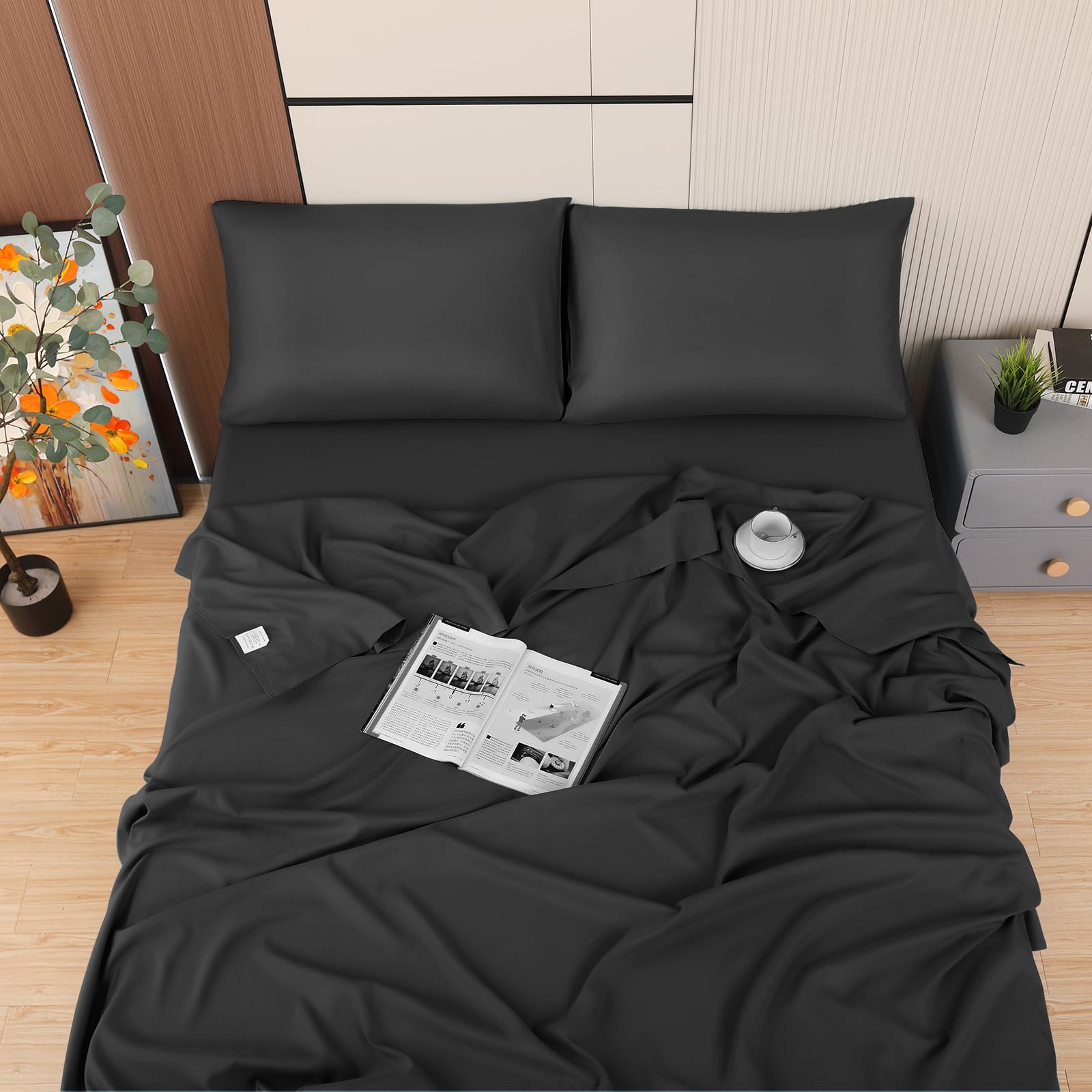Toodou Soft Brushed Microfiber Black Twin Size Fitted Sheet-Comfortable and Durable Fitted Sheets-The Mattress Covers Made of Premium Fabric Which Have Great Breathability