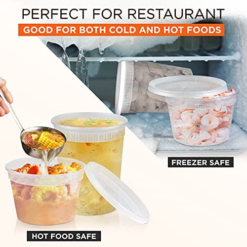 [40 Pack] Food Storage Containers with Lids, Round Plastic Deli Cups, US Made, 16 and 32 oz, Cup Pint Quart Size, Leak Proof, Airtight, Microwave & Dishwasher Safe, Stackable, Reusable, White