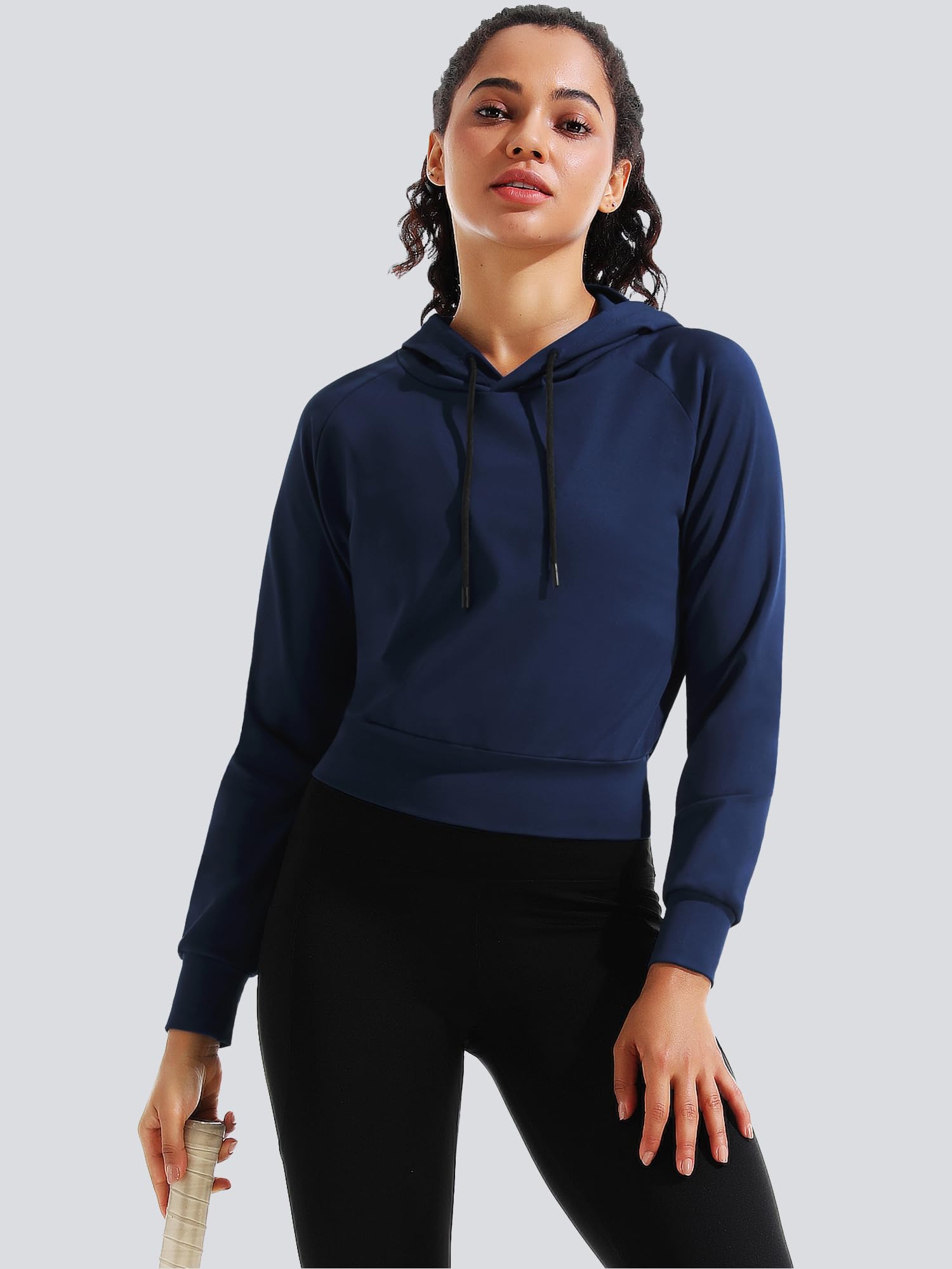 CADMUS Women's Workout Long Sleeve Shirts with Hoodie Sweatshirt Running Crop Top 2 Pack, Black, Navy Blue, Large