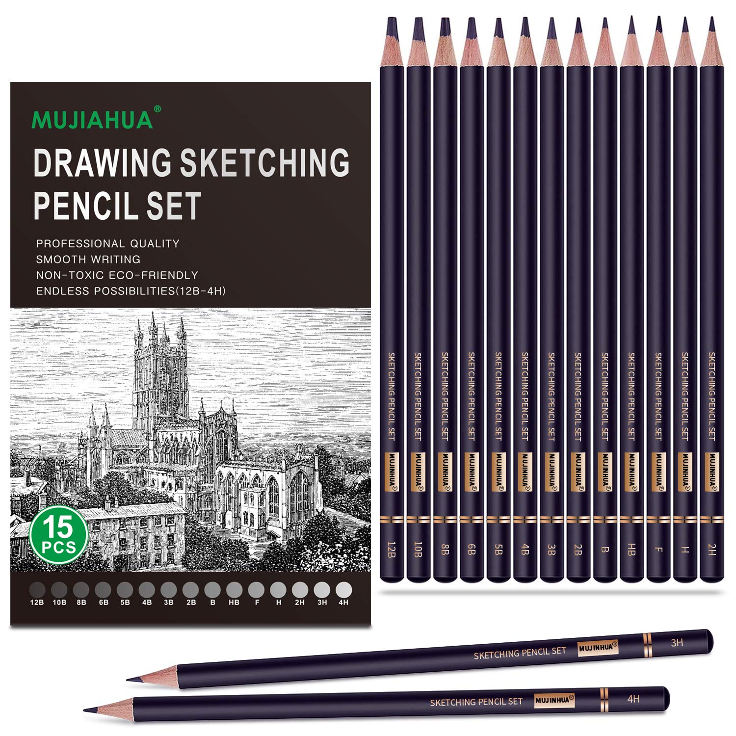 MUJINHUA - Sketch Pencils for Drawing, 15 Piece Graphite Pencils for Drawing, Sketching, and Shading - Ideal Art Supplies for Artists - Includes Various Hardness Options