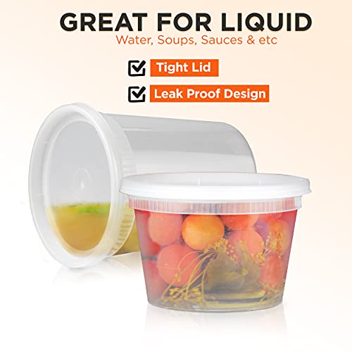 [40 Pack] Food Storage Containers with Lids, Round Plastic Deli Cups, US Made, 16 and 32 oz, Cup Pint Quart Size, Leak Proof, Airtight, Microwave & Dishwasher Safe, Stackable, Reusable, White